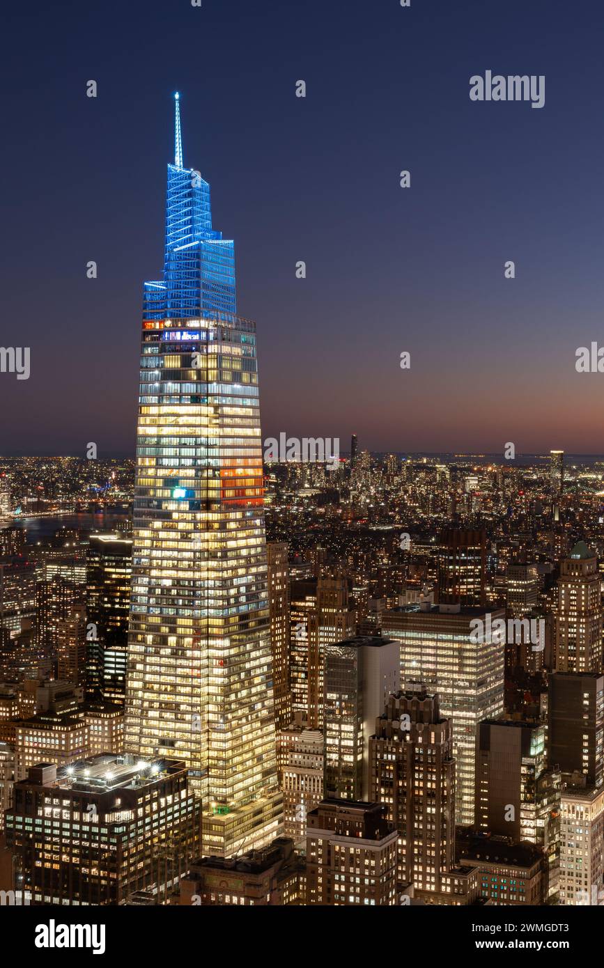 One Vanderbilt skyscraper illuminated at dusk. Aerial skyline of New ...
