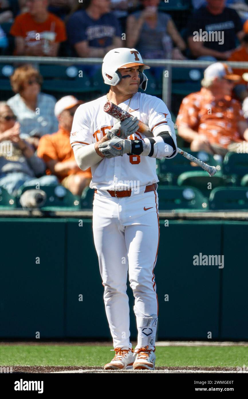 AUSTIN, TX - FEBRUARY 25: Texas catcher Rylan Galvan (6) fixes his ...