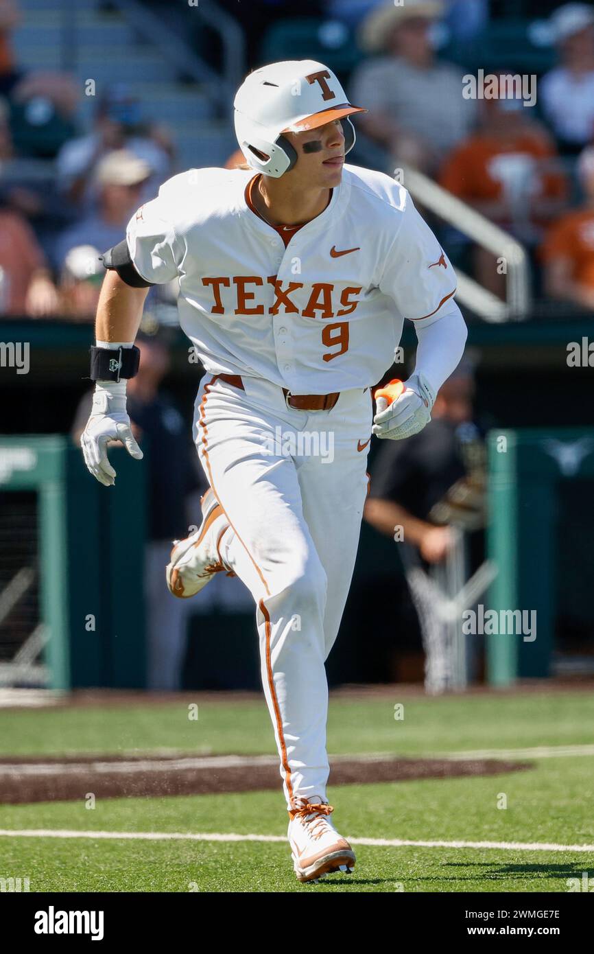 AUSTIN, TX - FEBRUARY 25: Texas infielder Jared Thomas (9) runs towards ...