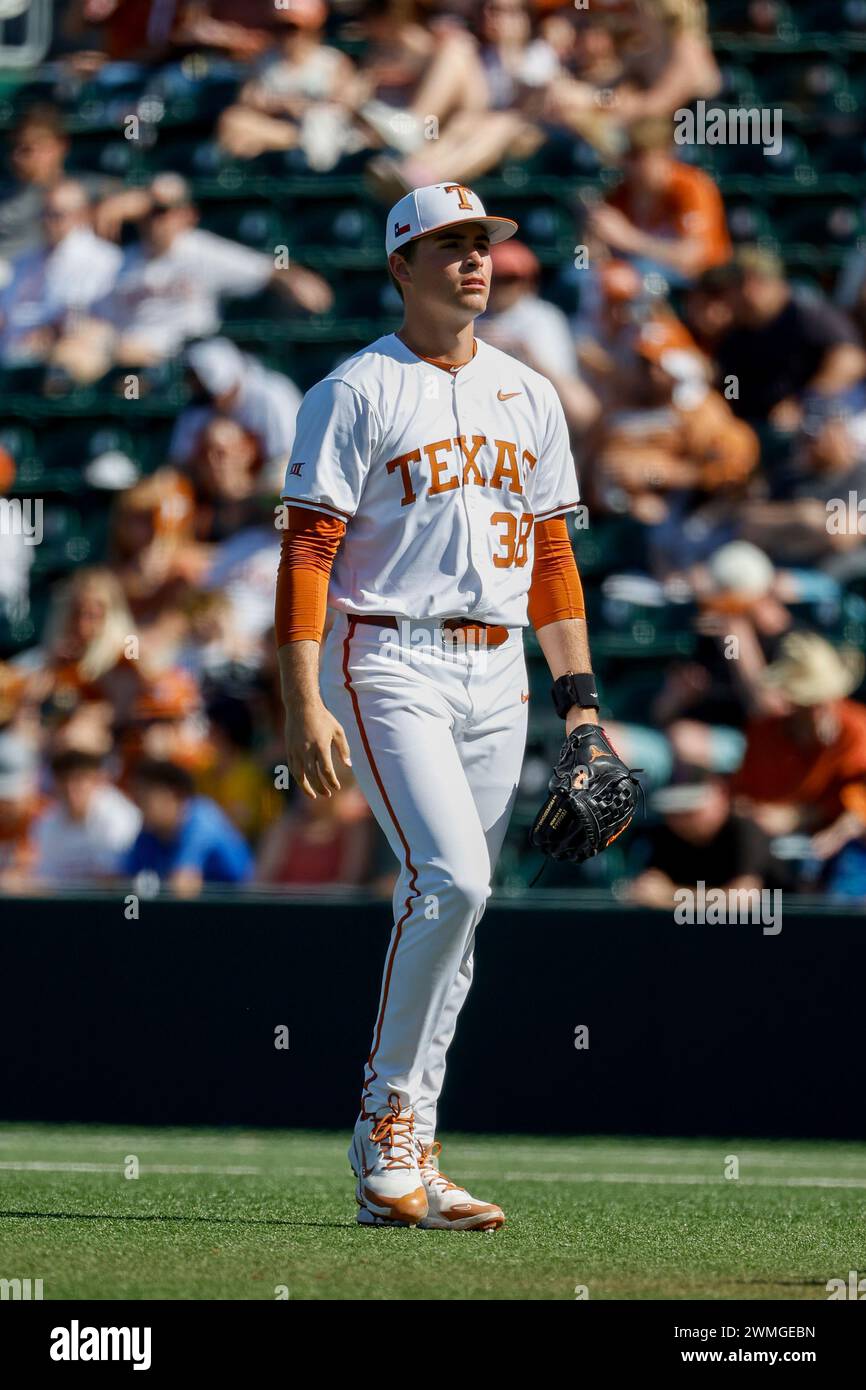 AUSTIN, TX - FEBRUARY 25: Texas pitcher Max Grubbs (38) enters the game ...