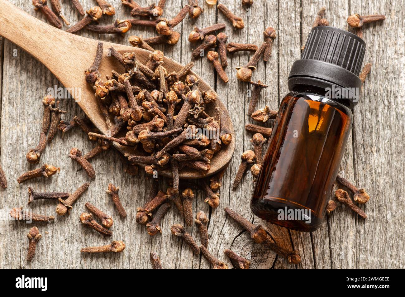 Close up glass bottle of essential clove oil and cloves in wooden spoon ...