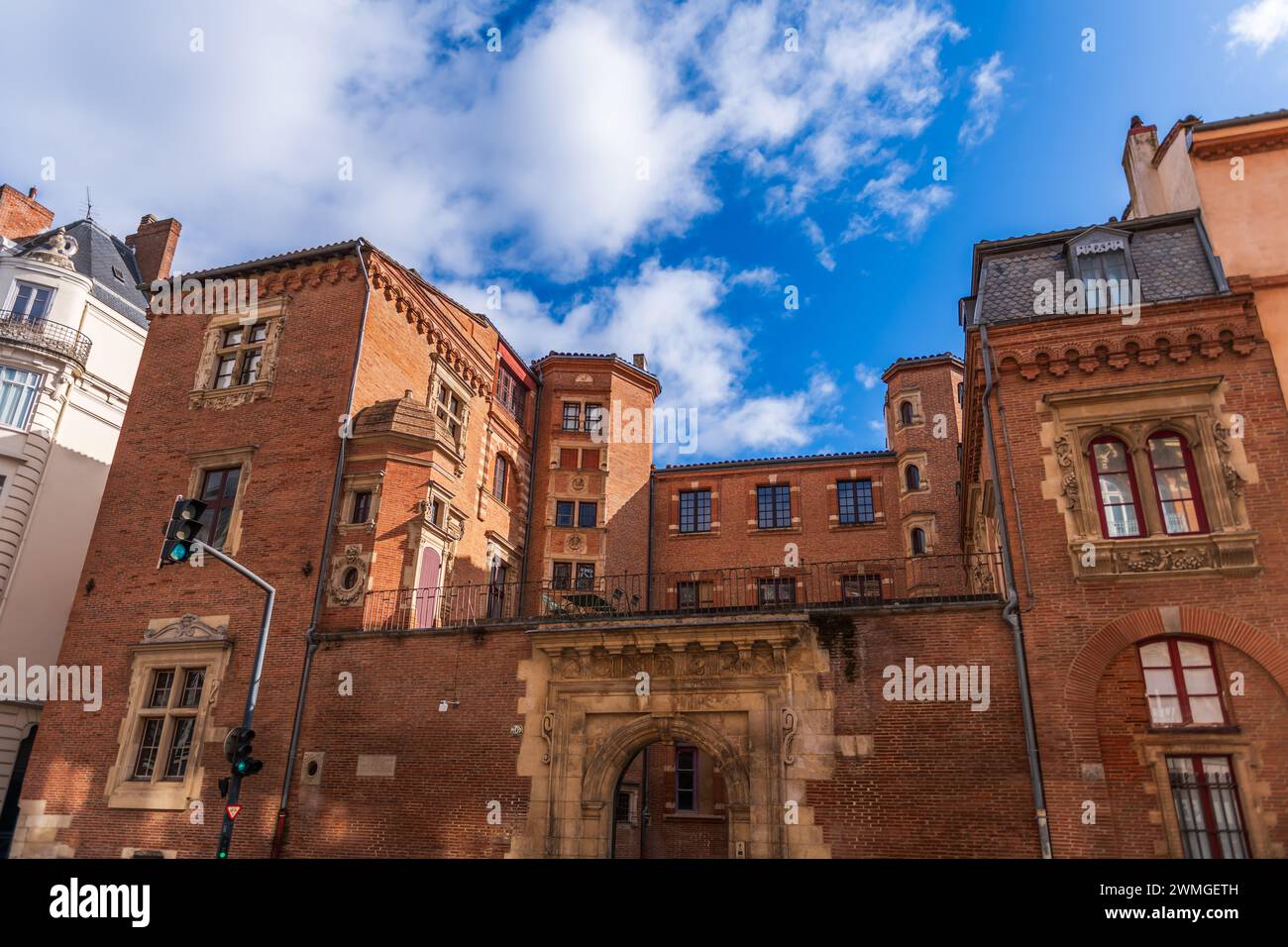 Old medieval facades, Languedoc street in Toulouse, Occitanie, France ...