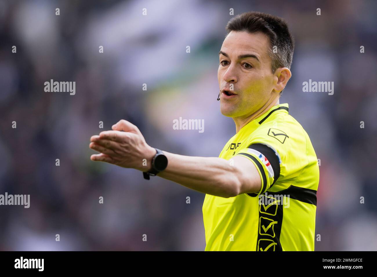 Turin, Italy. 25 February 2024. Referee Antonio Rapuano gestures during ...