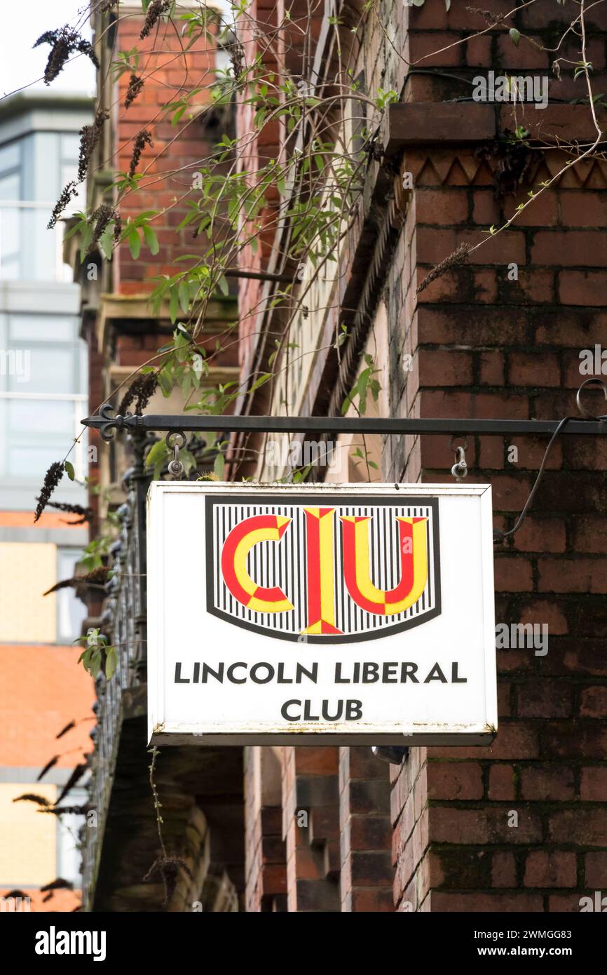 Lincoln Liberal Club sign hanging from wall fixing, St Swithins Square ...