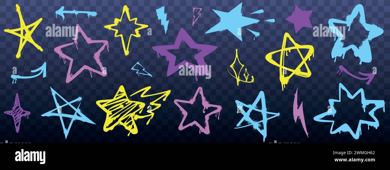 Vector set of spray paint graffiti star. Color grunge ink graphic award ...
