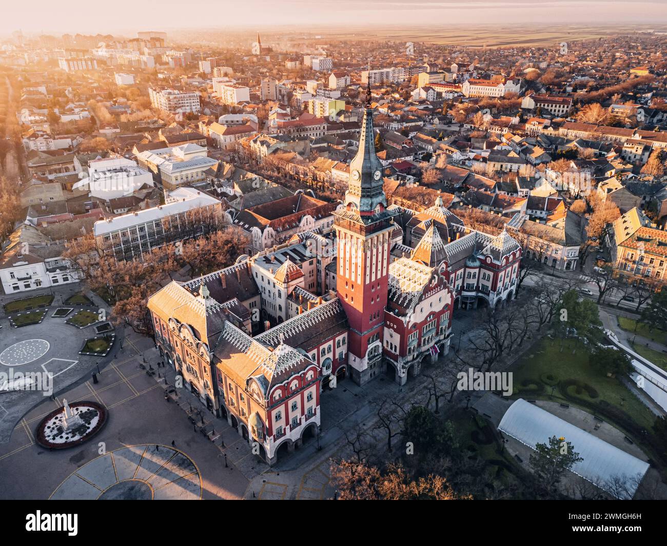 Aerial view of a famous Subotica town hall as a symbol of the city ...