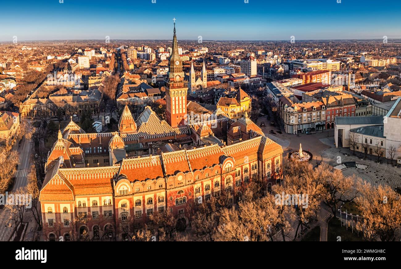 Aerial view of a famous Subotica town hall as a symbol of the city history and architectural ...