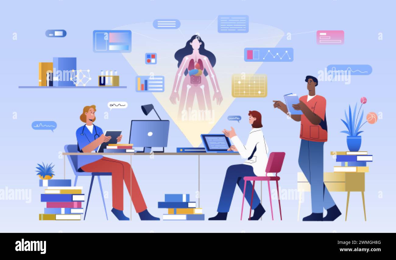 Flat medical students, doctors or nurses studying in hospital. Medicine ...