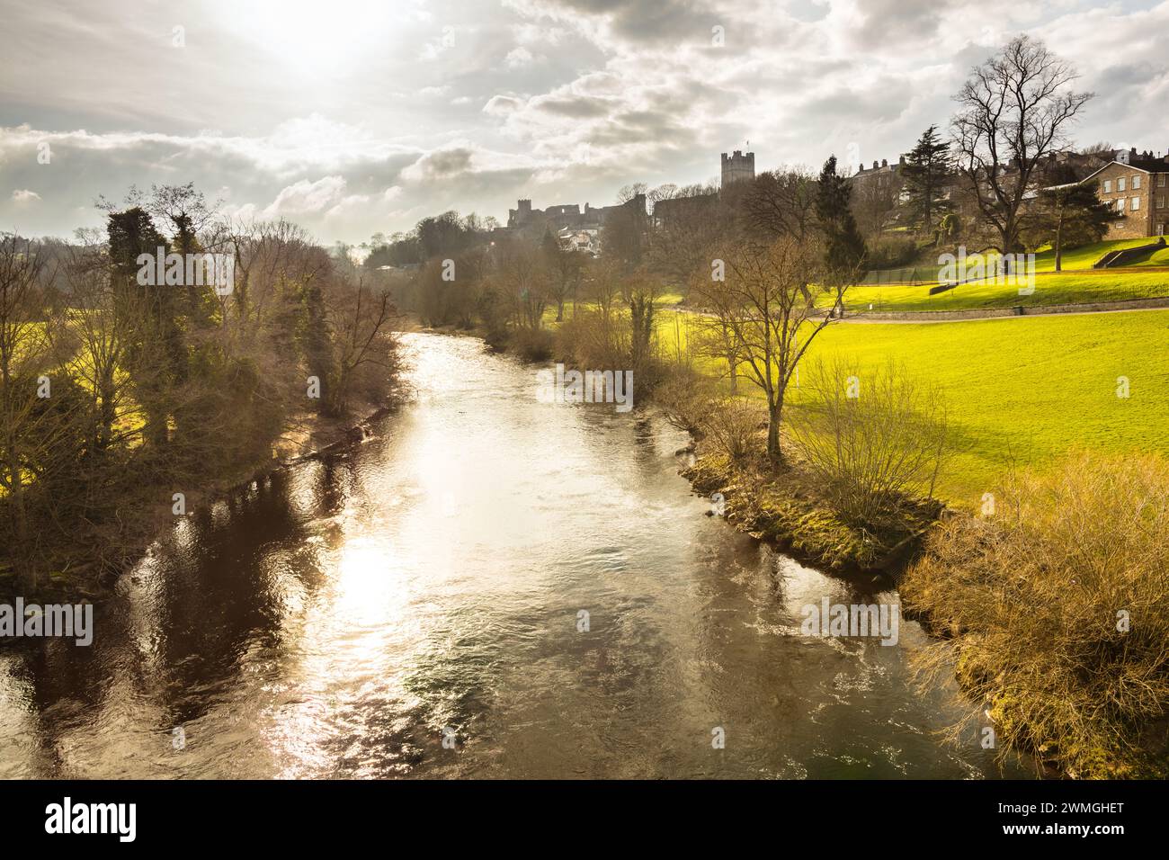 River Swale view to Richmond and Richmond Castle. Low afternoon ...