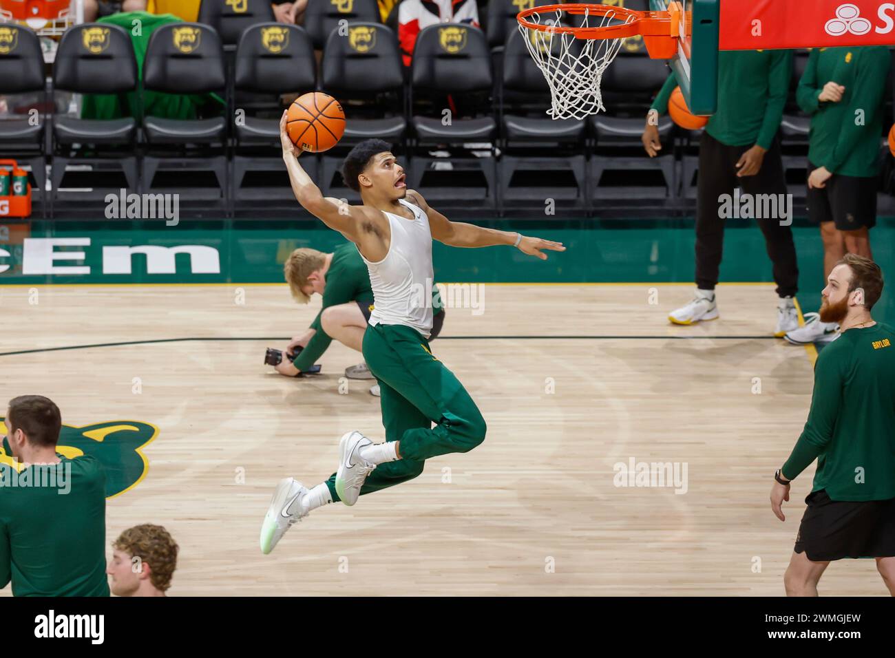 WACO, CA - FEBRUARY 24: Baylor Bears guard RayJ Dennis (10) leaps for a ...