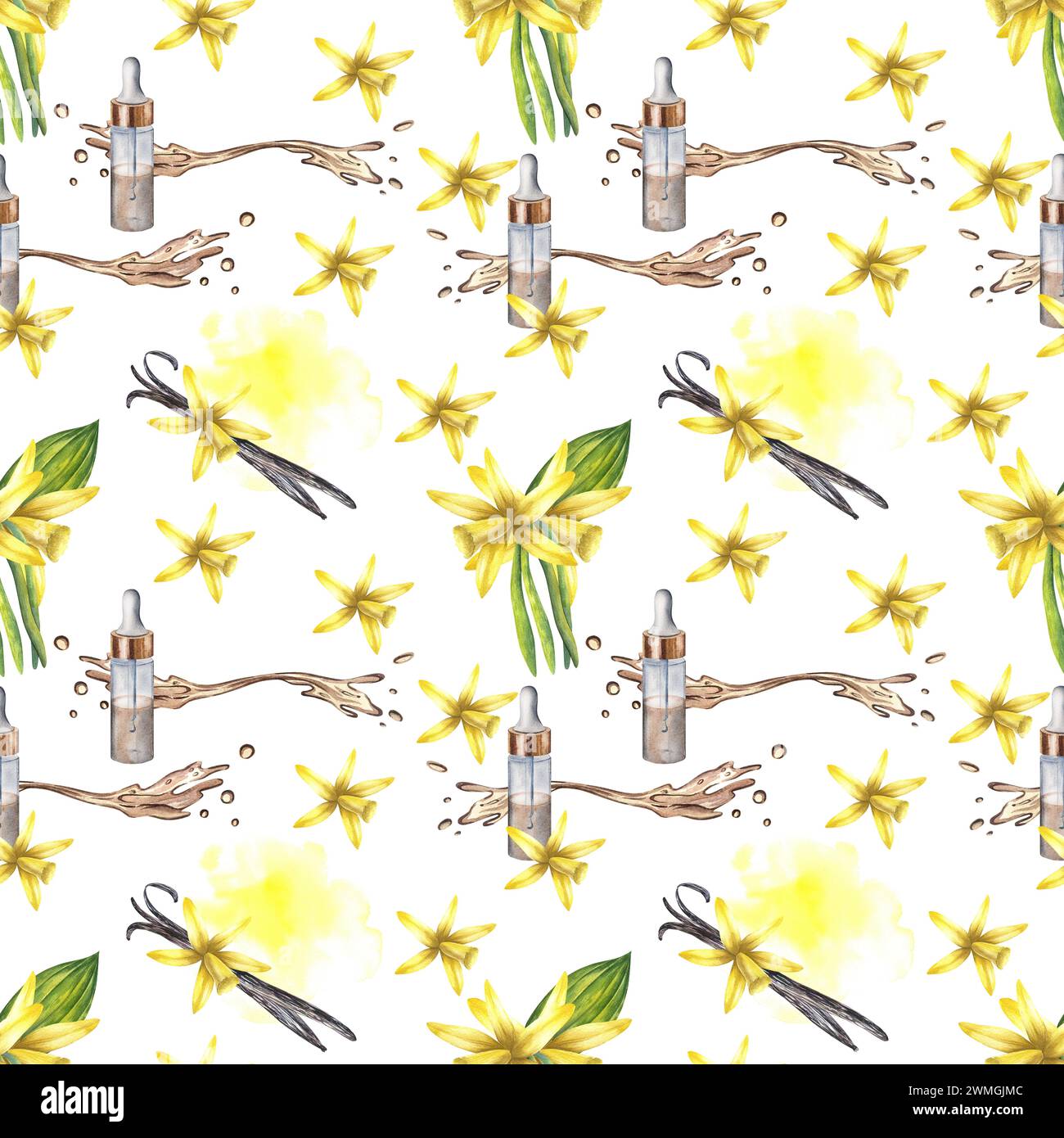 Seamless pattern of vanilla flowers, stics, oil bottle and watercolor ...