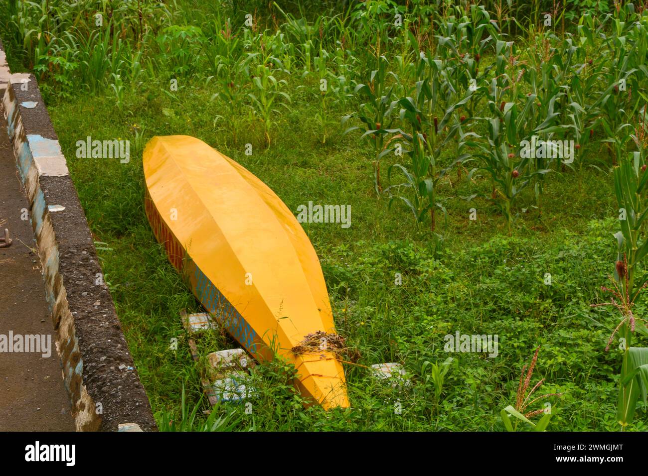 Overhead view of fishing gear, wooden boat, fishing nets, fishing ...