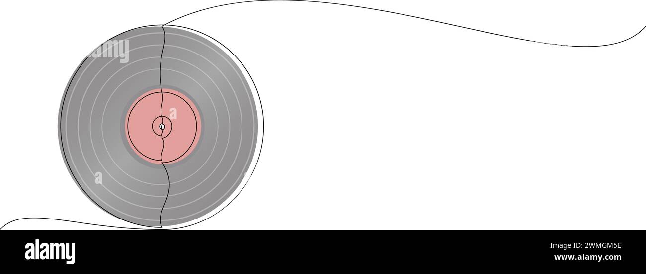 Vinyl audio record continuous line drawing. Vintage LP disk drawn in ...