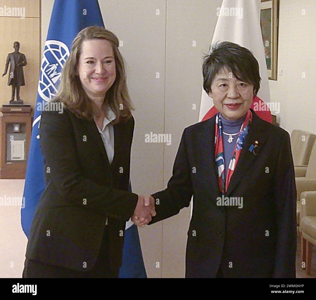 Japan's Foreign Minister Yoko Kamikawa (R) and Amy Pope, director ...