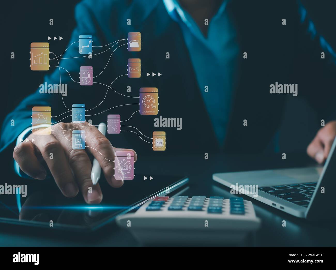 Business people use computers to analyze business and manage corporate ...