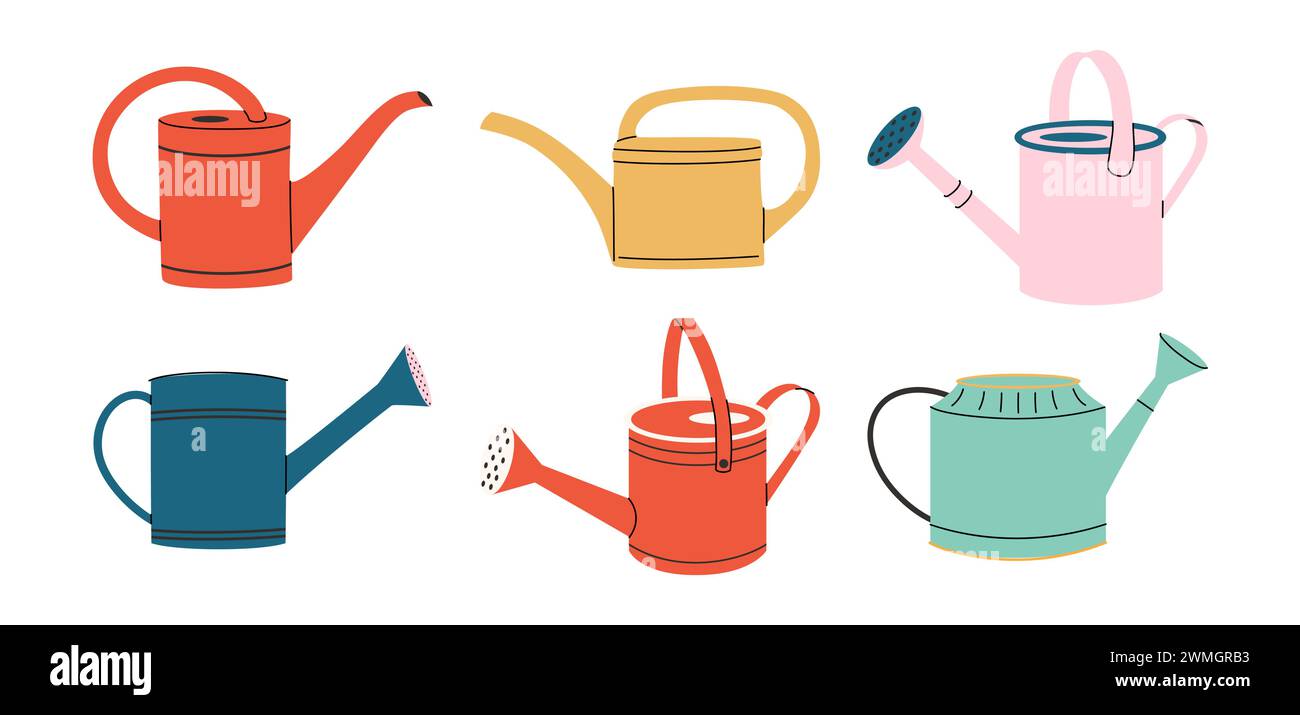 Set of watering cans for gardening. Hand drawn vector illustration ...