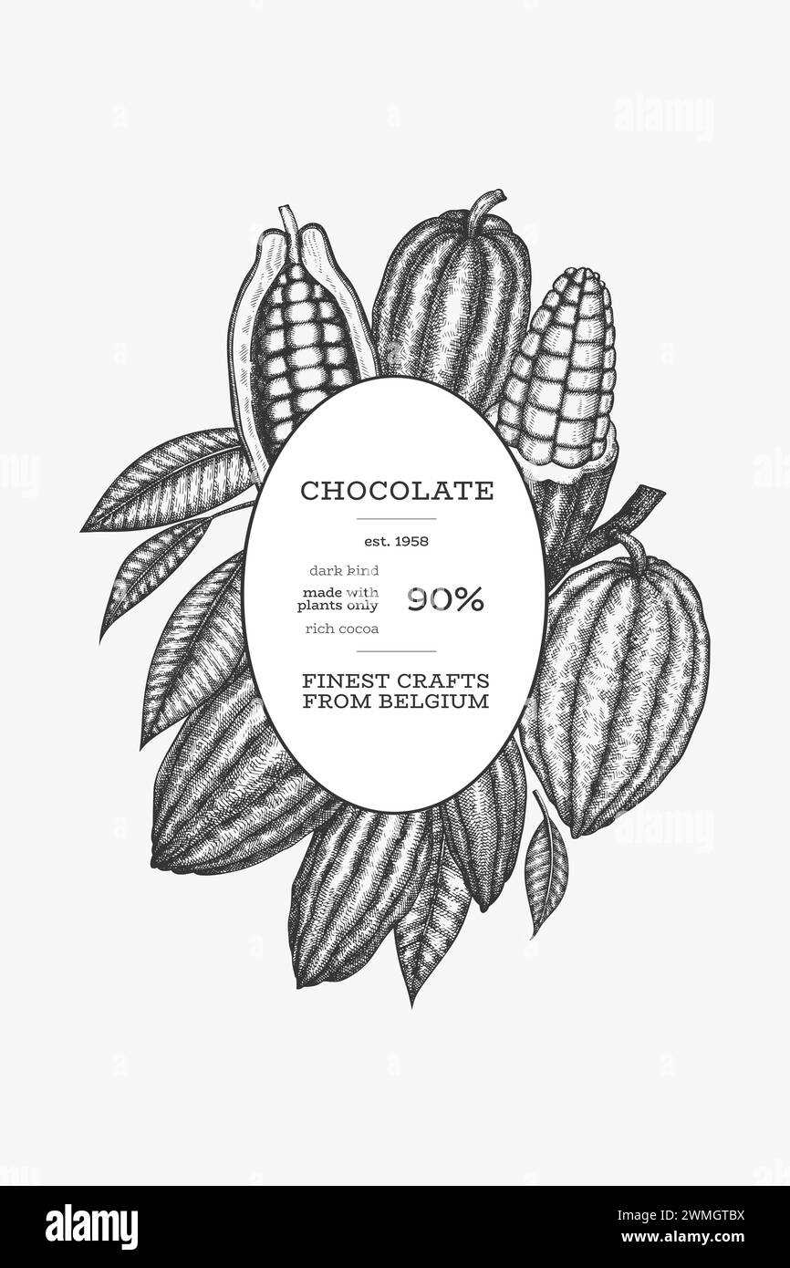 Cocoa design template. Chocolate cocoa beans background. Vector hand ...