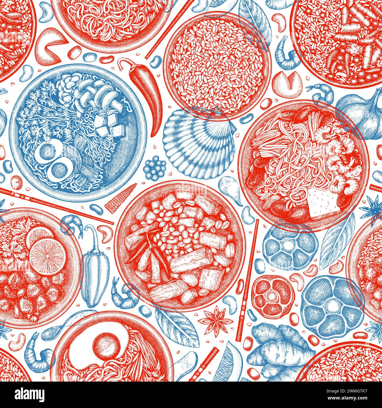 Chinese Cuisine Background. Vector Hand Drawn Asian Food Seamless ...