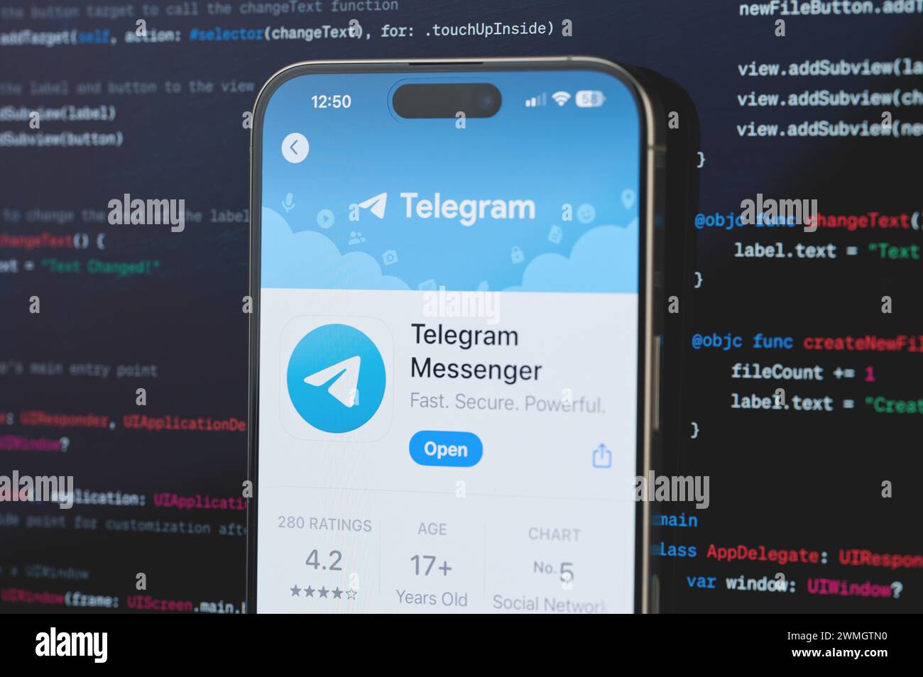 New York, USA - February 23, 2024: Telegram on iphone screen in blurred ...