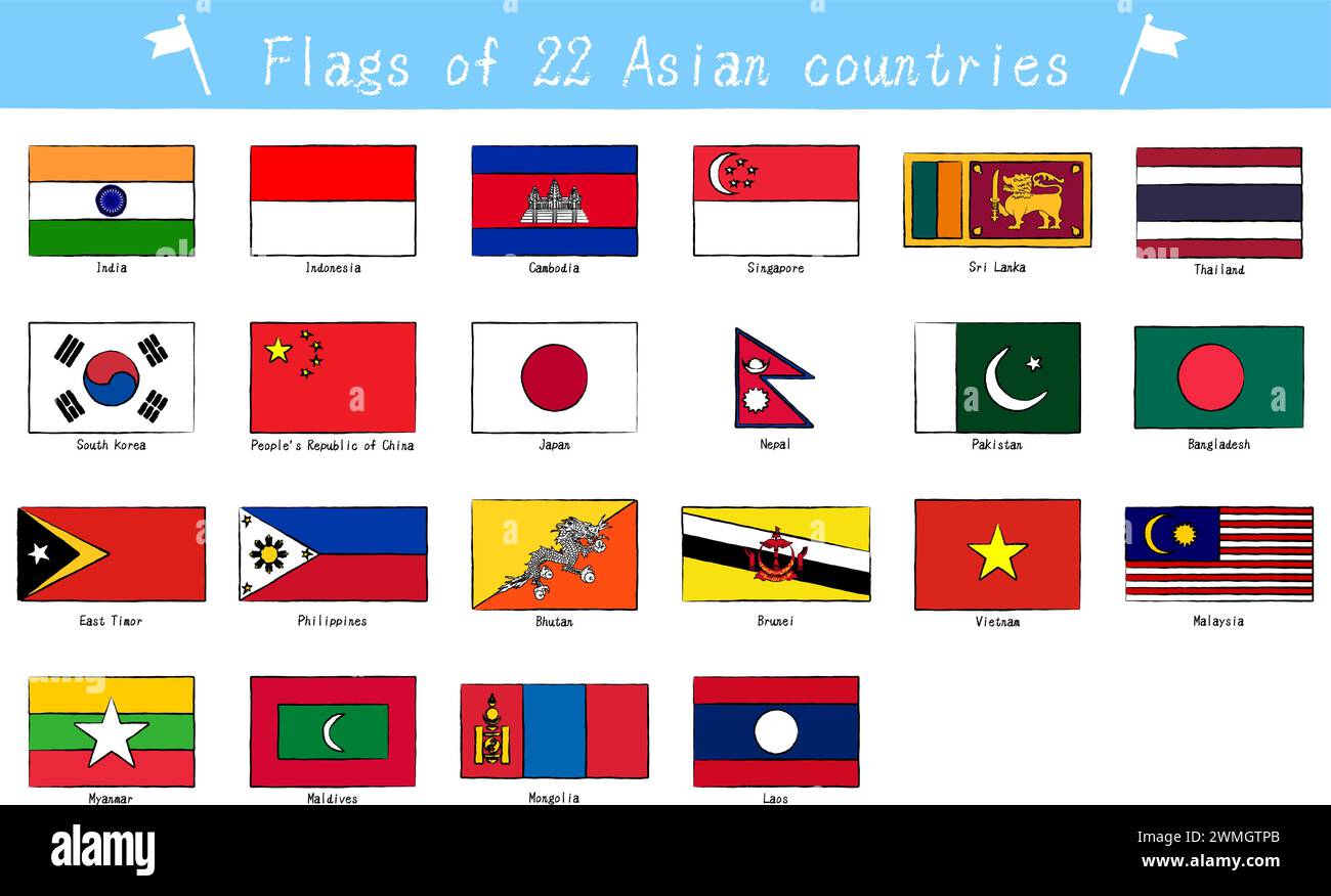 World Flag, set of 22 Asian countries, hand-painted style, Vector ...