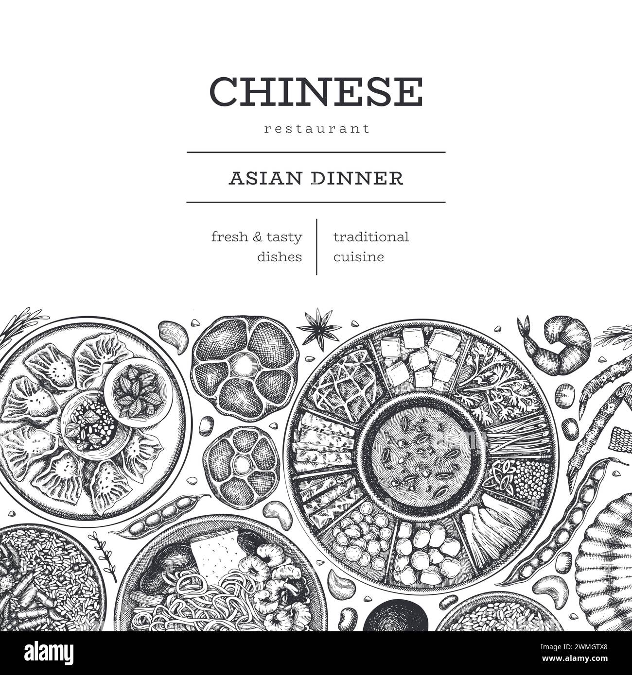 Chinese Cuisine Design Template. Vector Hand Drawn Asian Food Banner ...