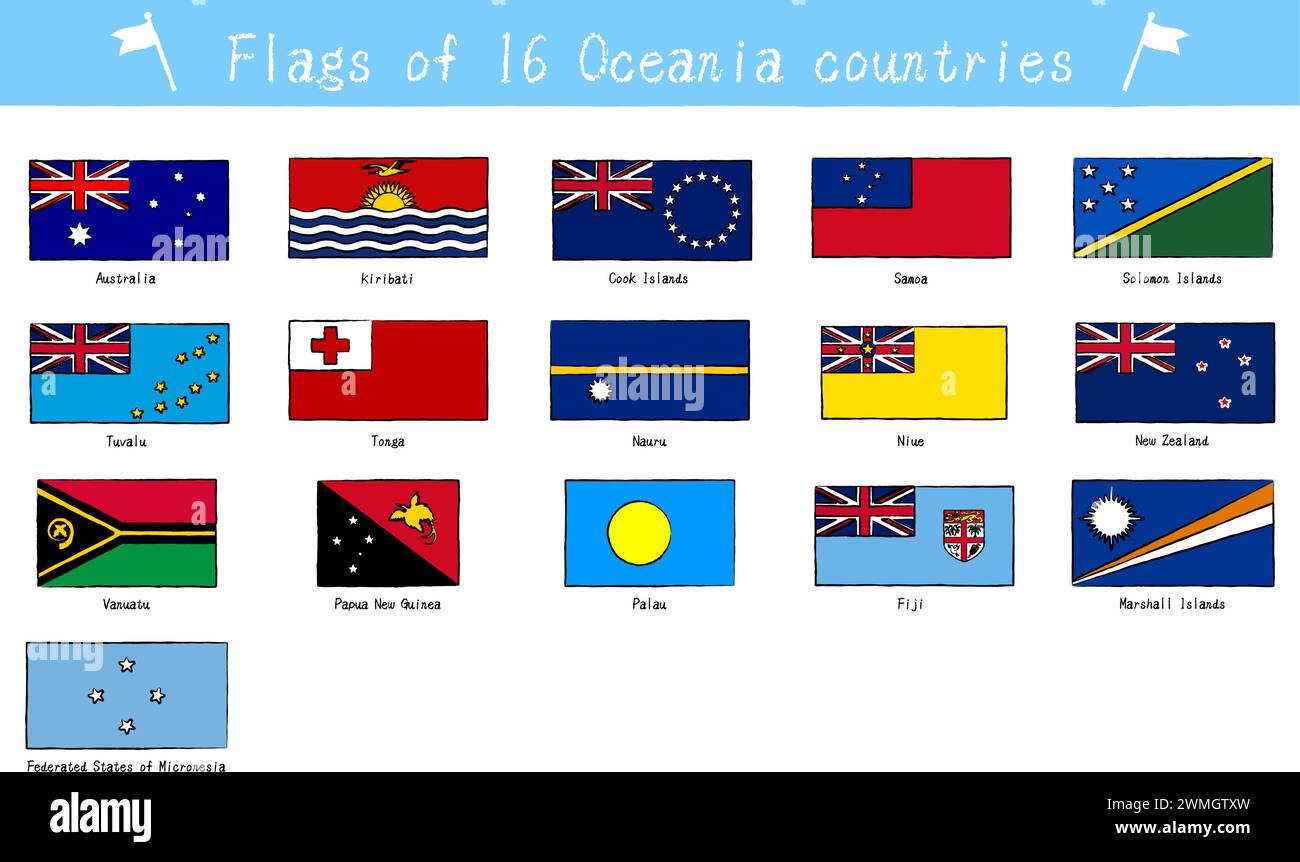 Flags of the world, set of 16 countries of Oceania, hand-painted style ...
