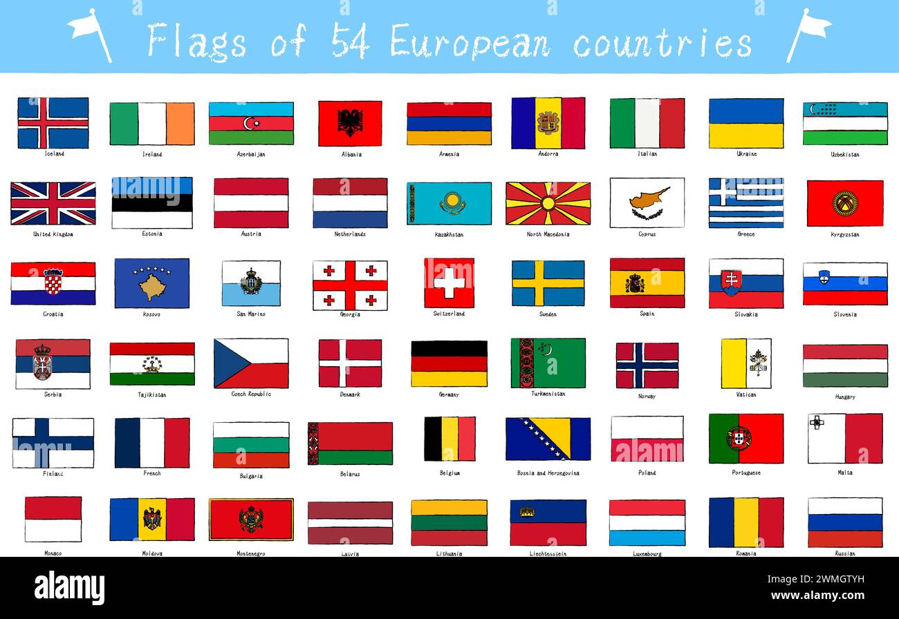 World Flag, set of 54 European countries, hand-painted style, Vector ...