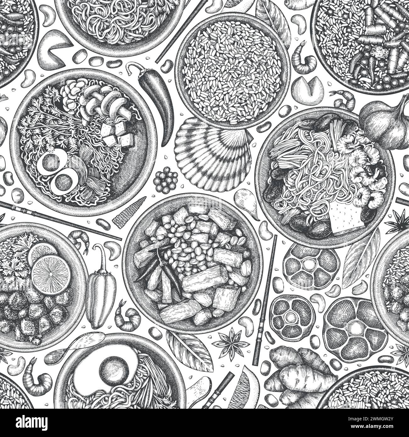 Chinese Cuisine Background. Vector Hand Drawn Asian Food Seamless ...