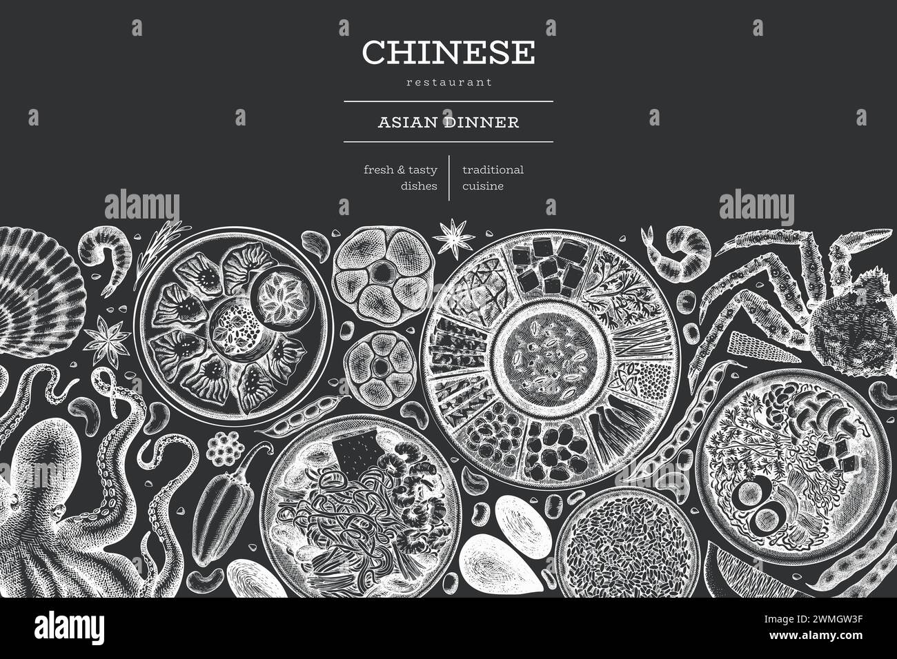 Chinese Cuisine Chalk Board Design Template. Vector Hand Drawn Asian ...