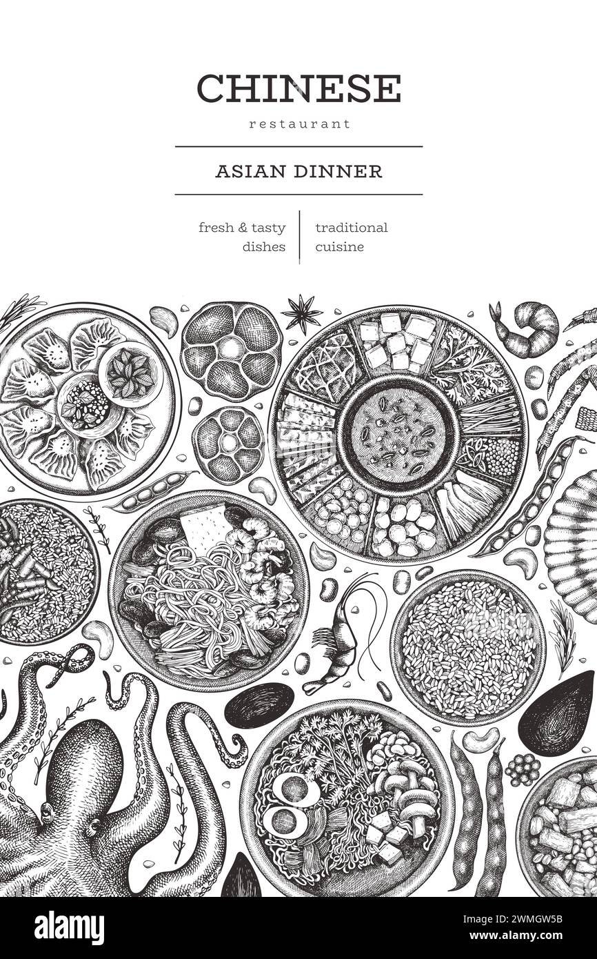 Chinese Cuisine Design Template. Vector Hand Drawn Asian Food Banner ...