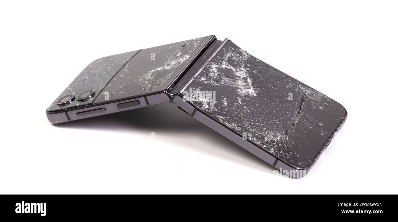 Broken display screen foldable smartphone on a white background Stock ...