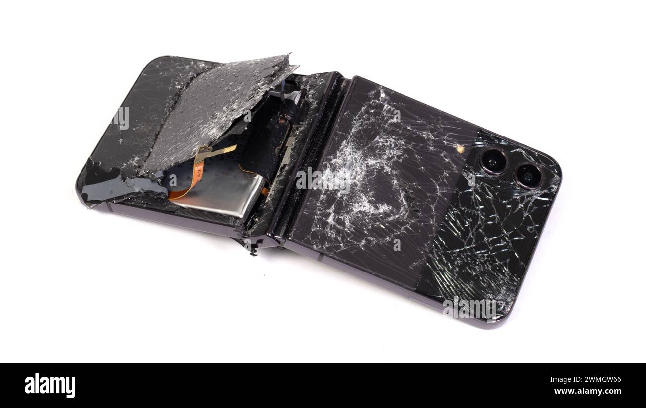 Broken display screen foldable smartphone on a white background Stock ...
