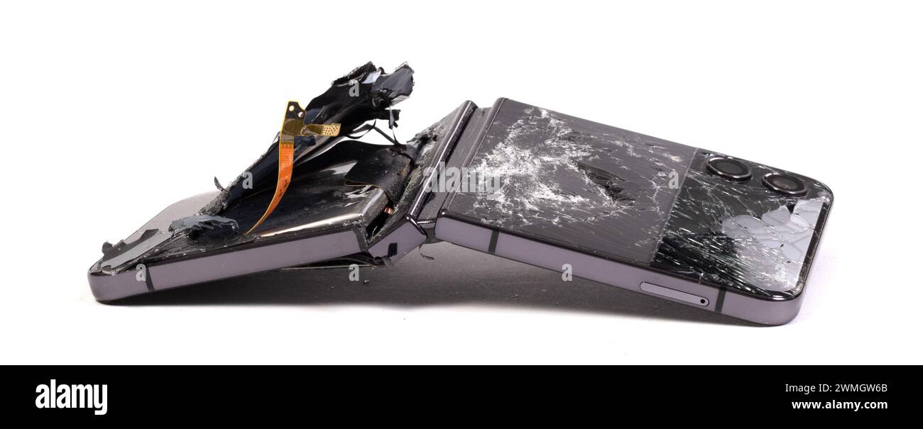 Broken display screen foldable smartphone on a white background Stock ...