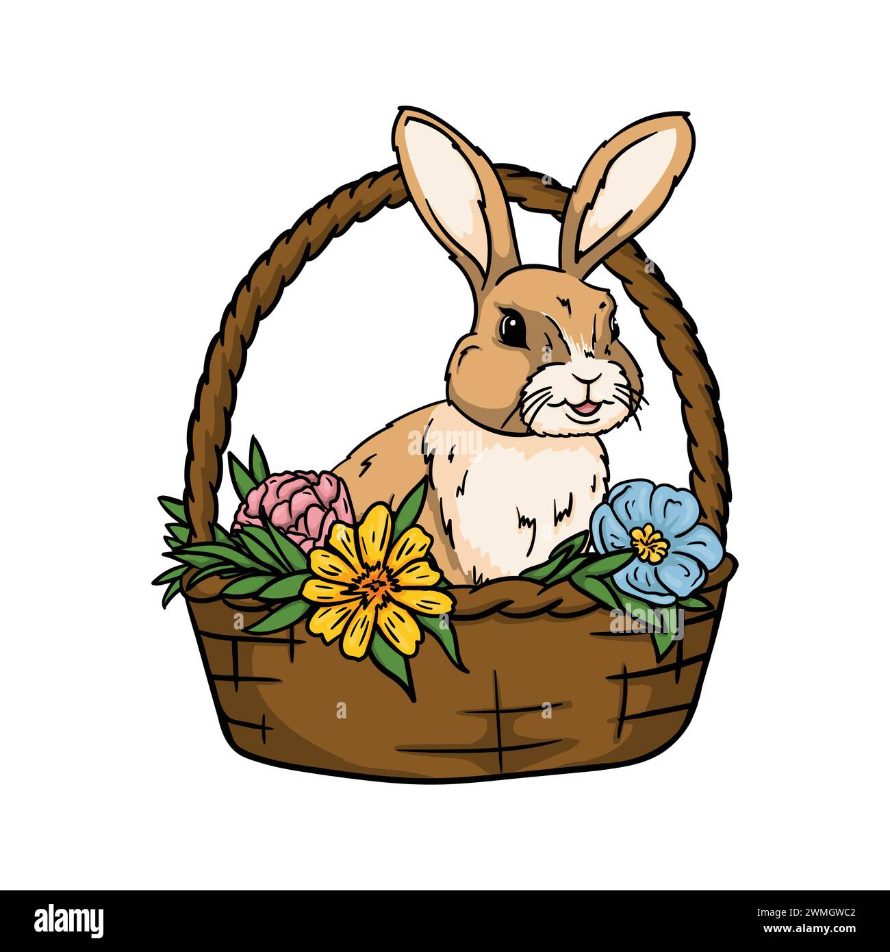 A cute hare sits in a basket with flowers. Bright vector illustration ...