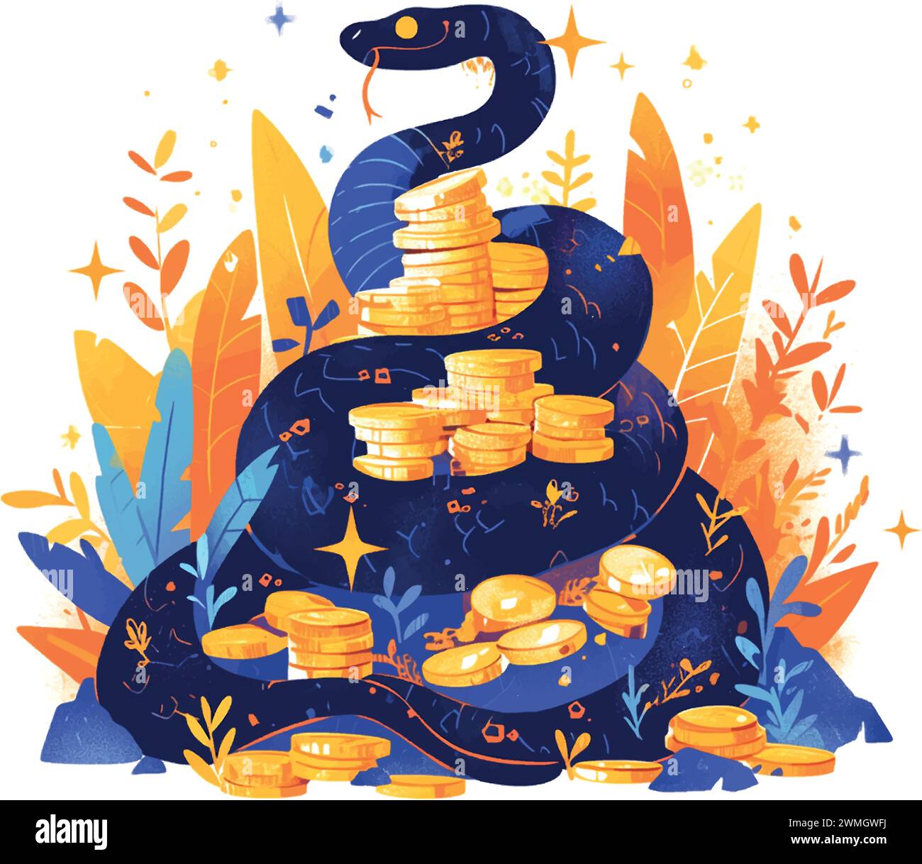 cute black snake On the mountain of gold coins illustration on white ...