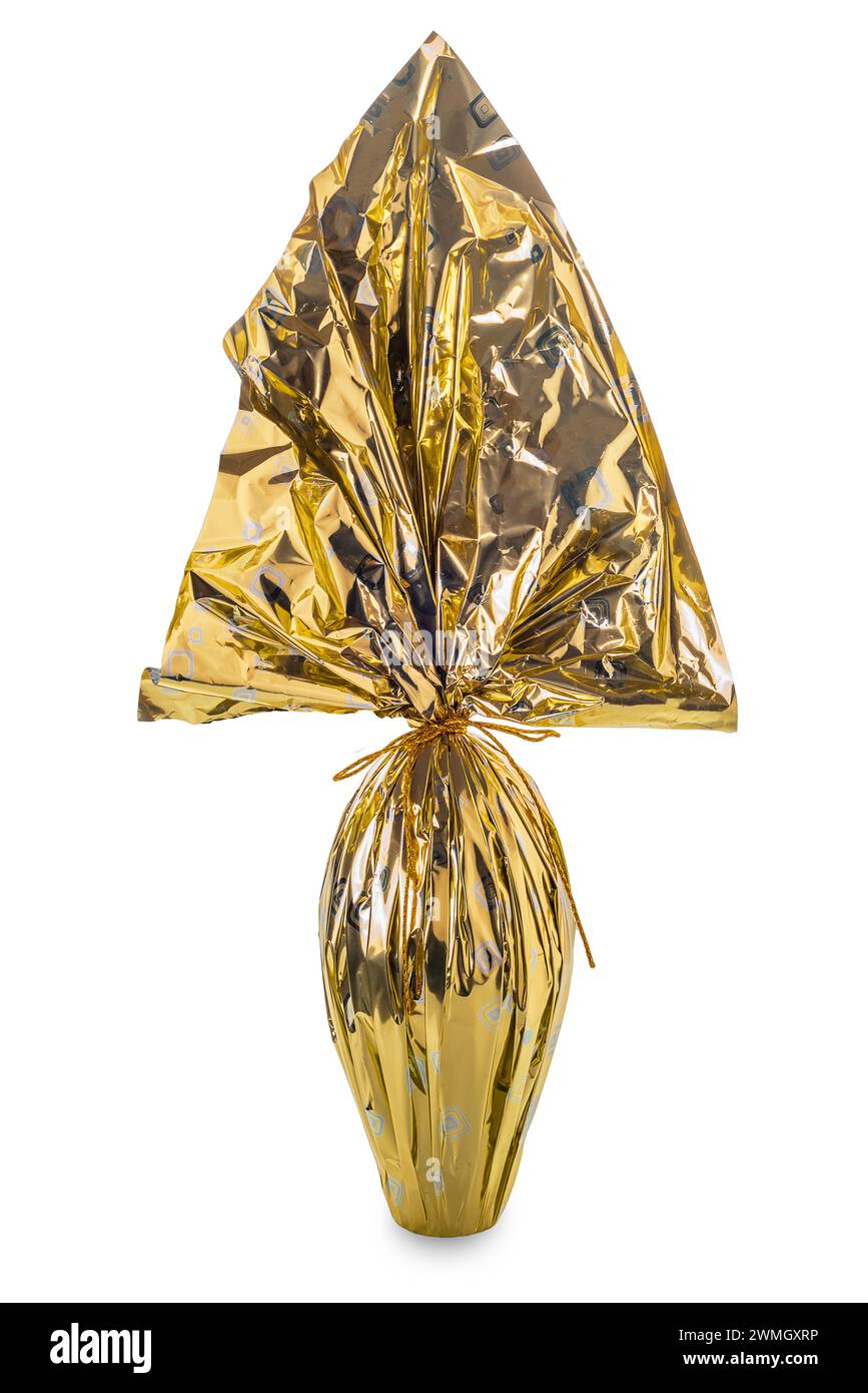Easter egg wrapped in glittering golden paper isolated Stock Photo - Alamy