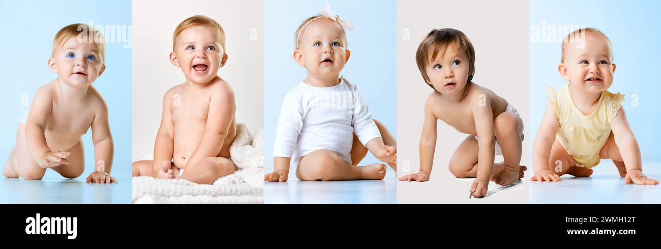 Collage made with image of adorable babies, boy and girl in diaper ...