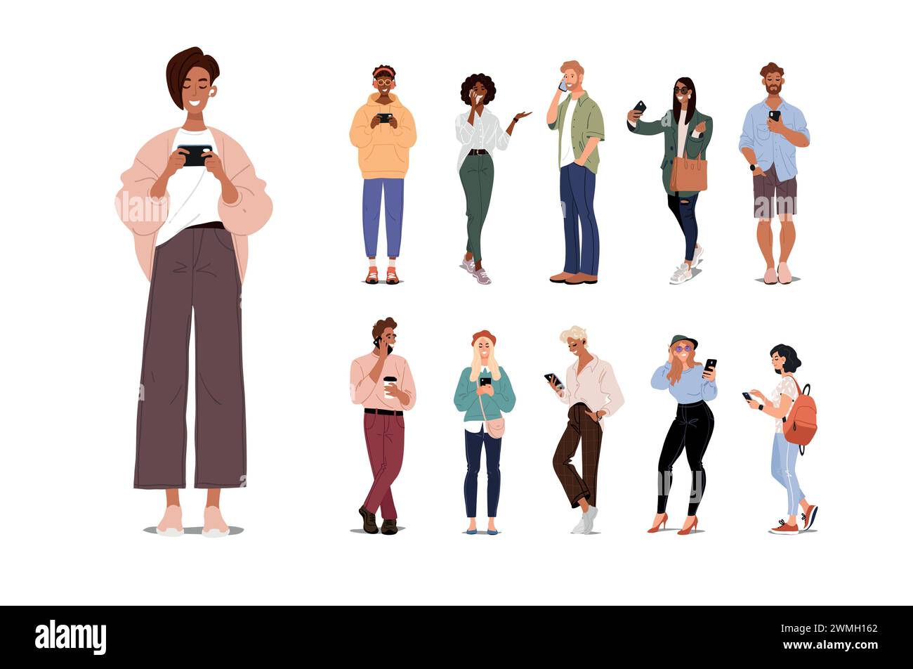 People using phone character set. Men and women chatting, listen to ...