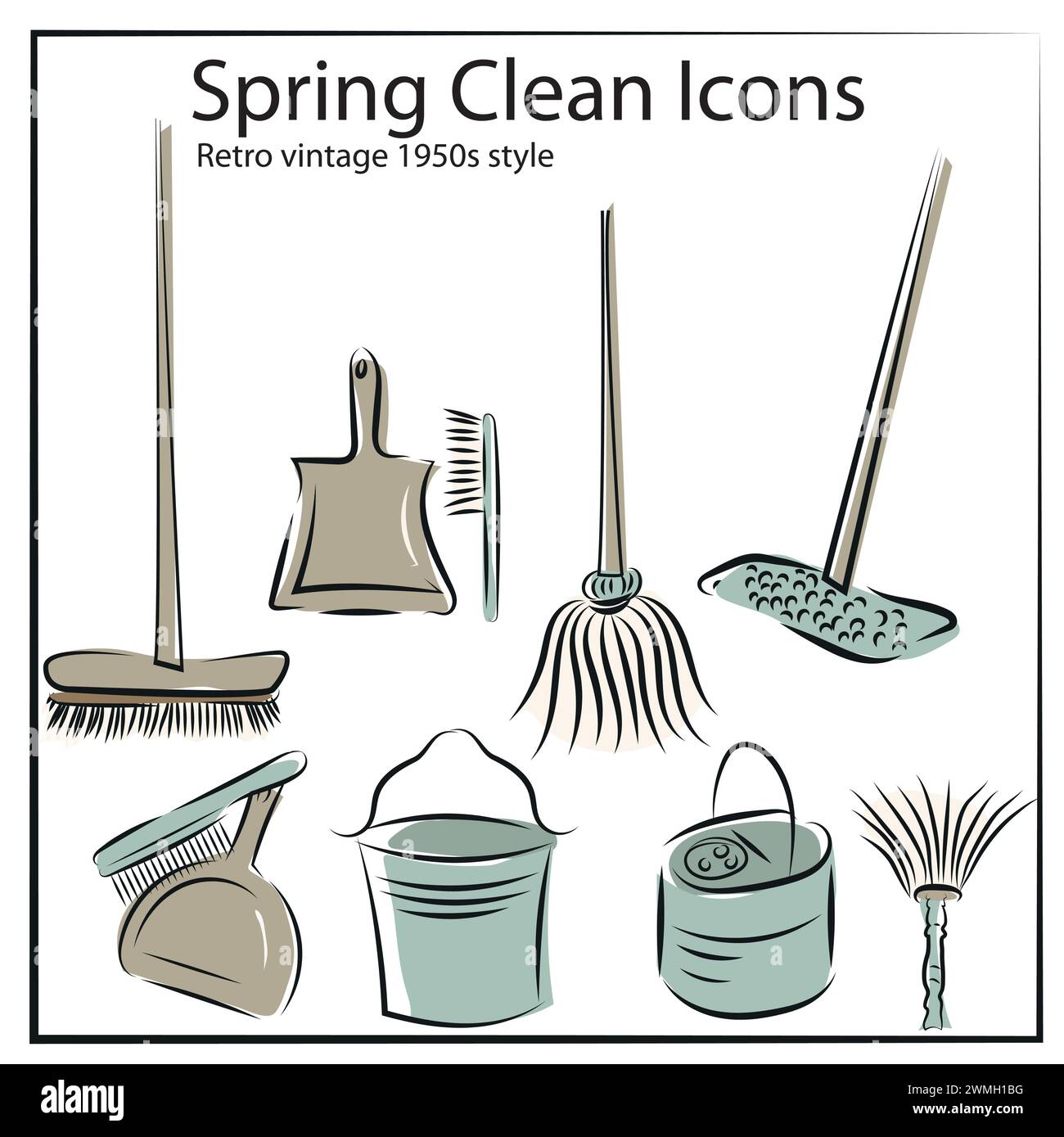 Vector retro hand drawn cleaning equipment, mop, bucket, broom, dustpan ...