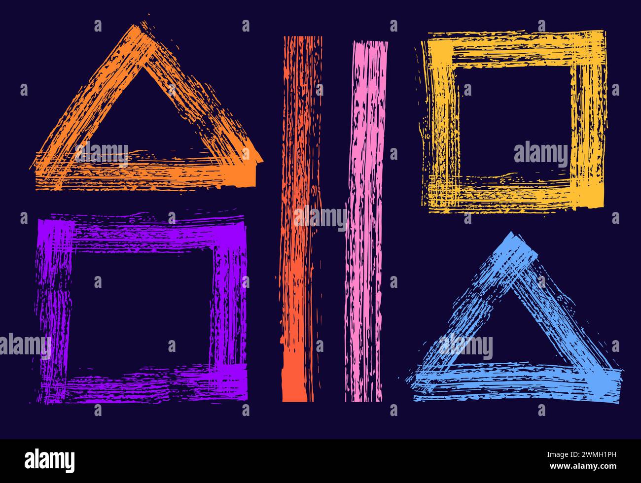 Colored Group of chalked geometric figures. Hand drawn black charcoal ...