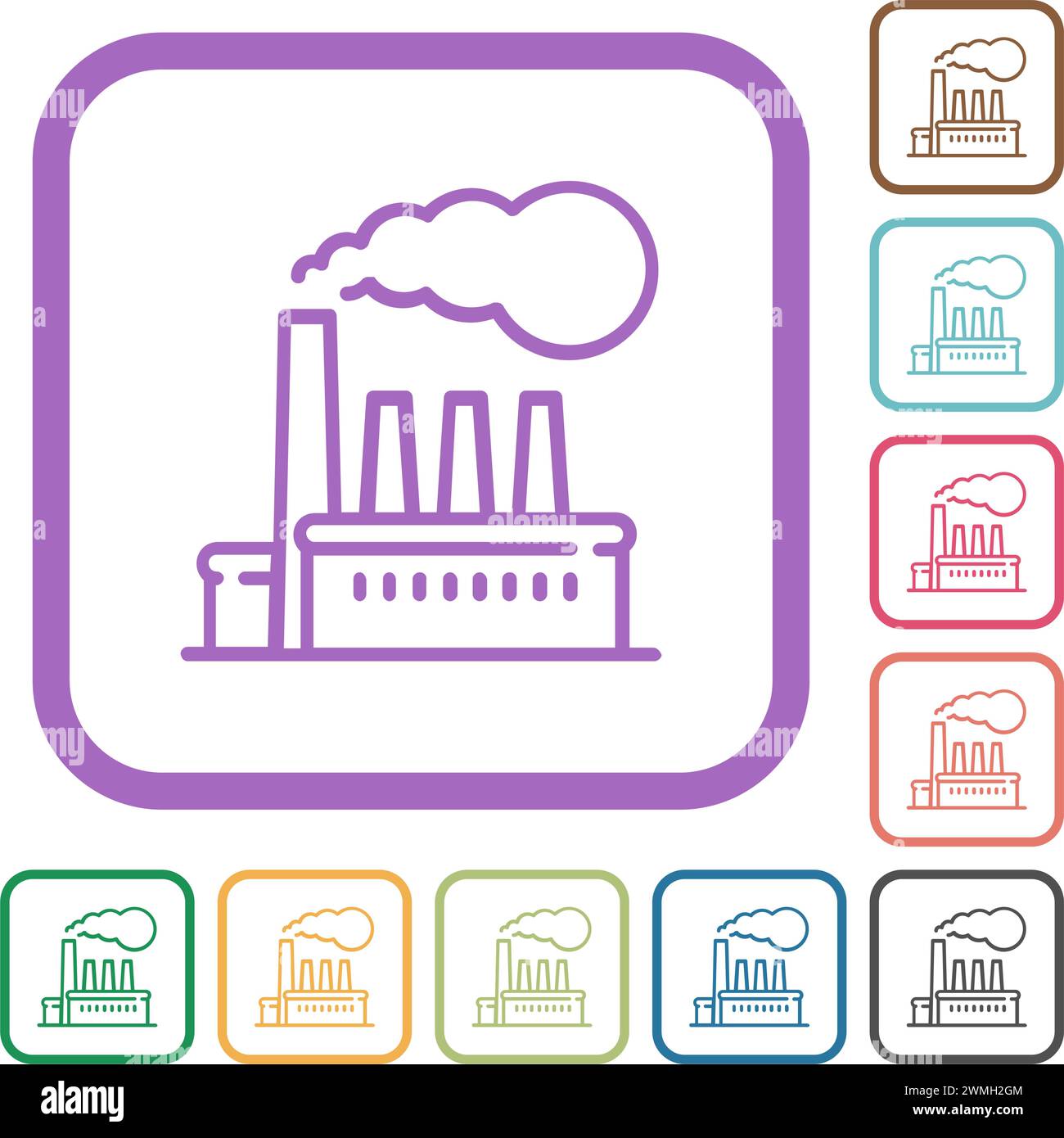 Factory building outline simple icons in color rounded square frames on ...