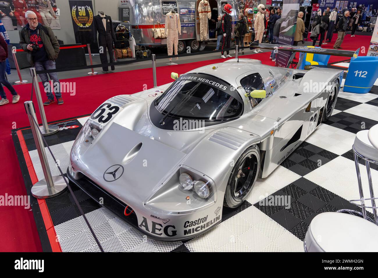 Paris, France - Rétromobile 2023. Focus on a grey 1989 Sauber-Mercedes ...
