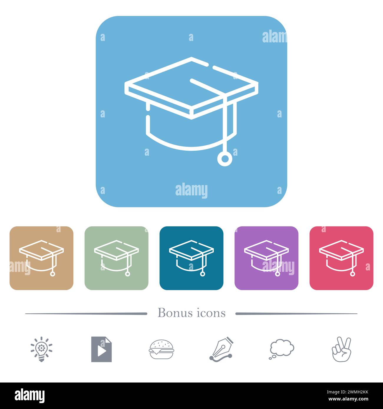 Graduation hat outline white flat icons on color rounded square ...