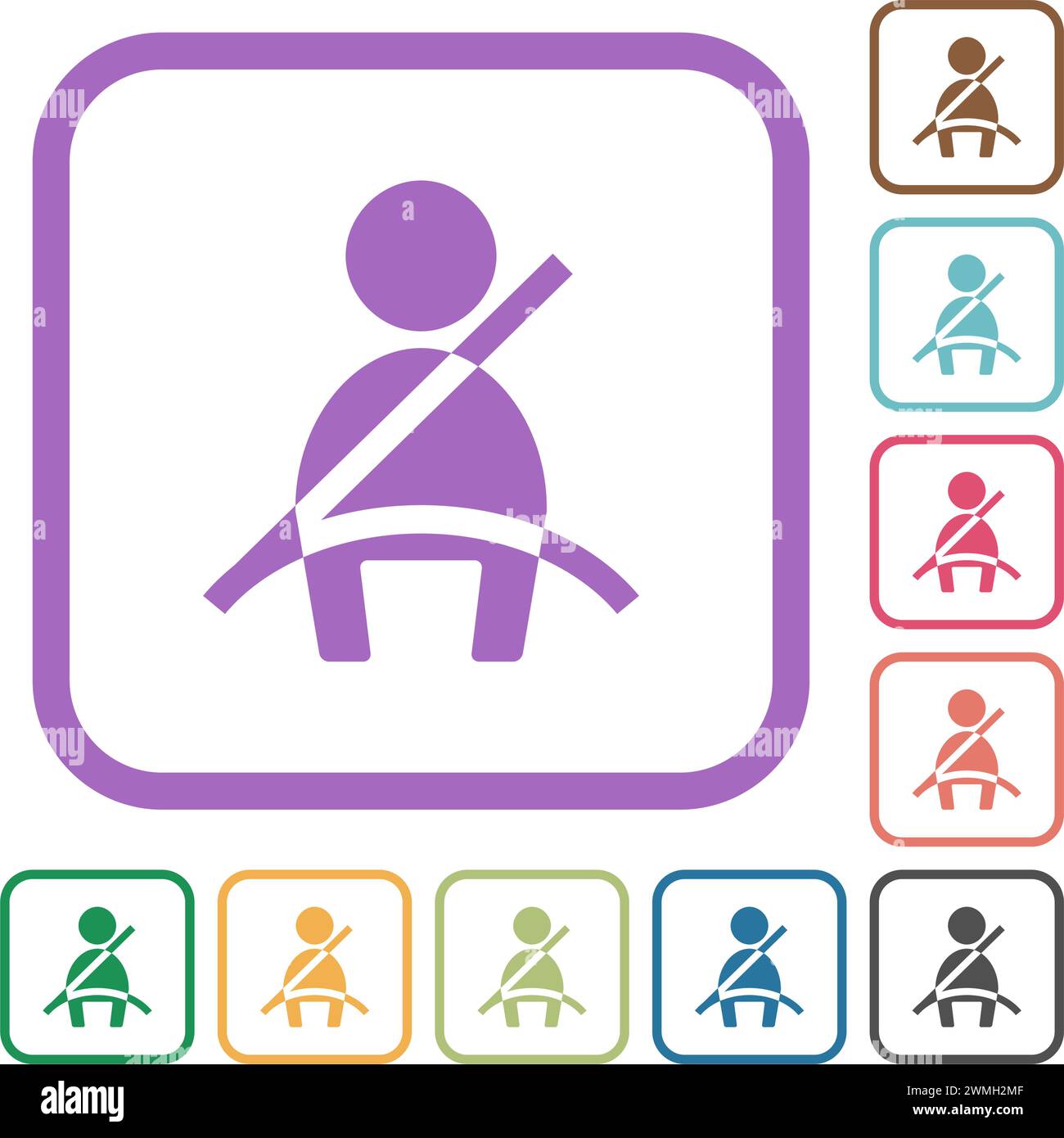 Car seat belt warning indicator simple icons in color rounded square frames on white background ...