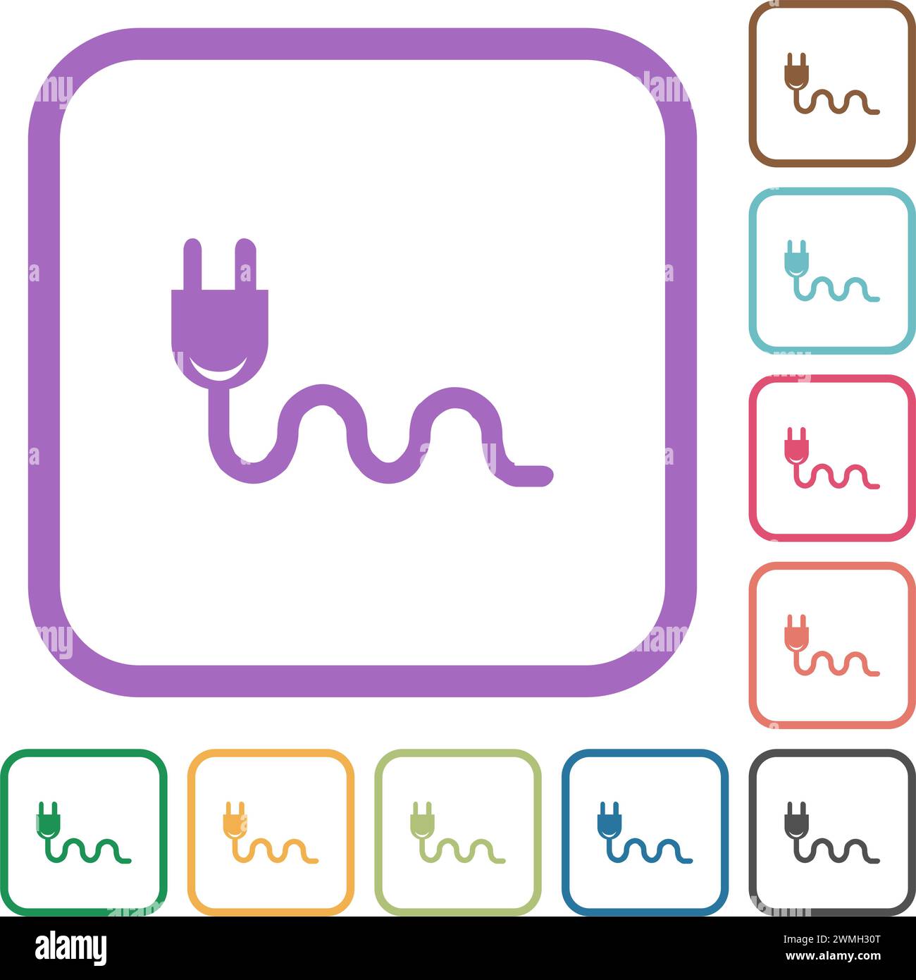 Socket plug and cable solid simple icons in color rounded square frames ...