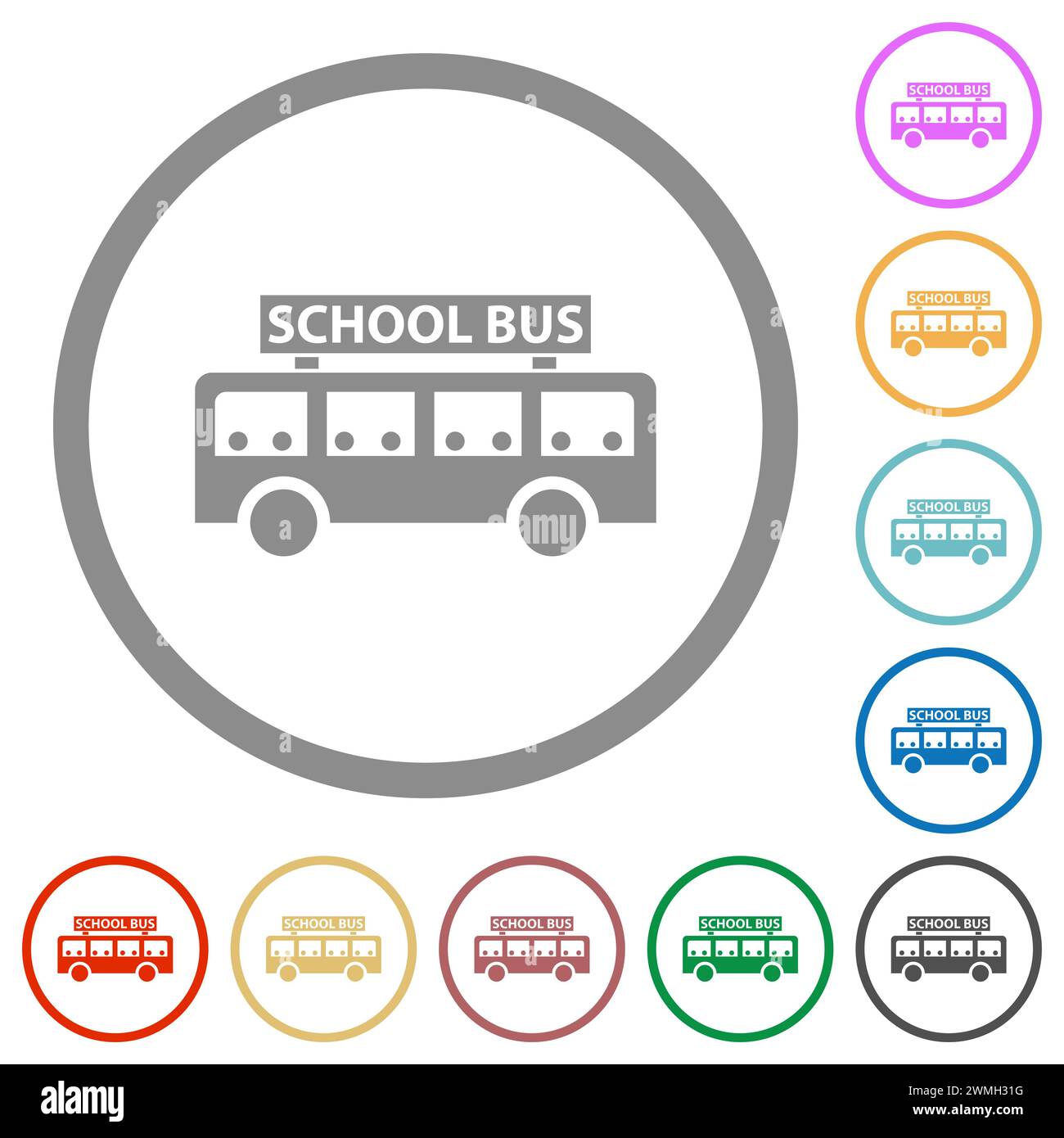 school bus with students side view flat color icons in round outlines on white background Stock ...
