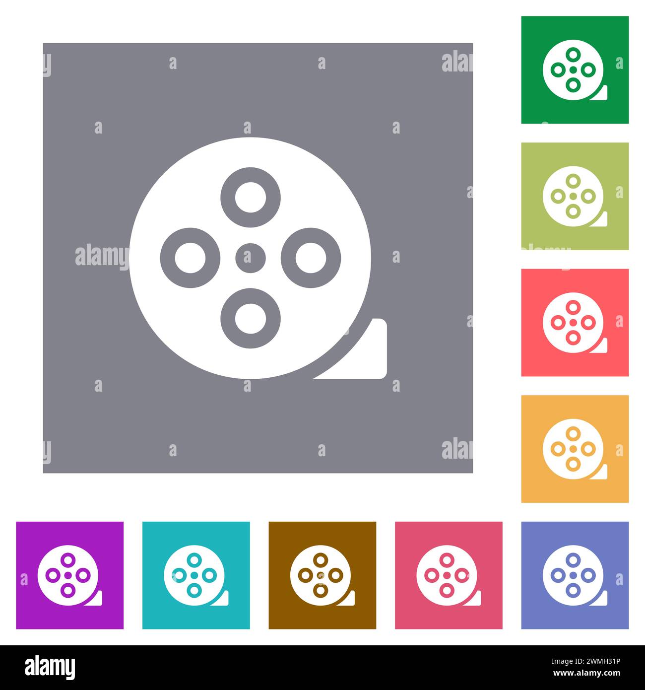 Film reel solid flat icons on simple color square backgrounds Stock ...