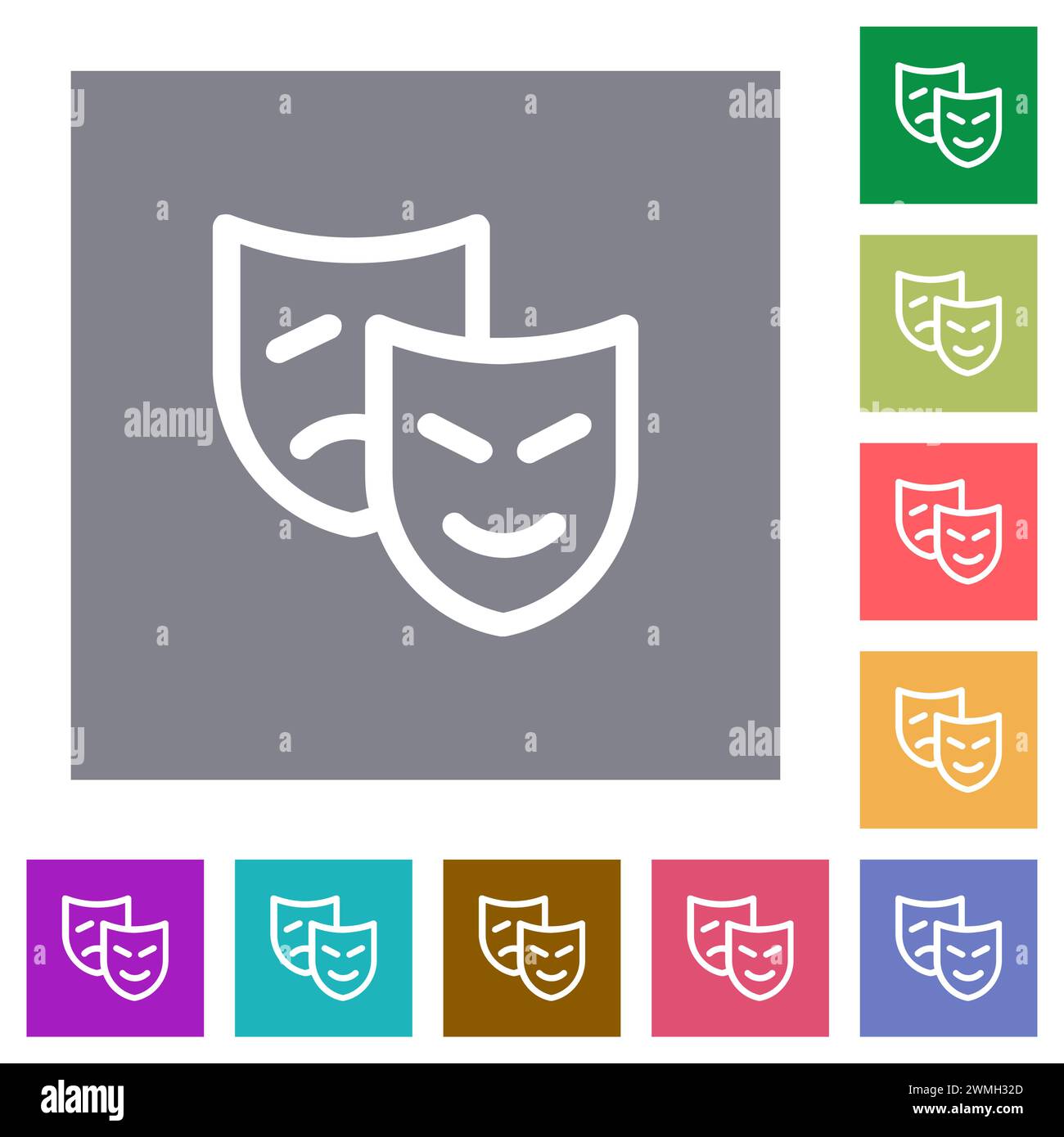 Theatrical masks outline flat icons on simple color square backgrounds ...