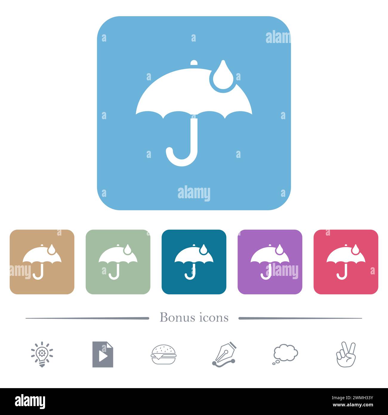 Umbrella with raindrop solid white flat icons on color rounded square ...
