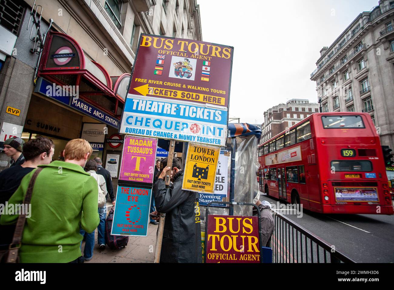 Sign advertising London bus tours, Marble Arch tube station , London UK ...